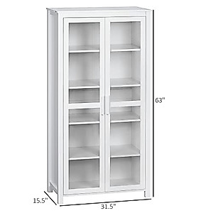HOMCOM Freestanding Kitchen Pantry, 5-Tier Storage Display Cabinet, Curio Cabinet with Adjustable Shelves and 2 Glass Doors for Living Room, Dining Room, White