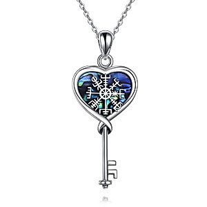 ONEFINITY Viking Compass Necklace Sterling Silver Heart Key Compass Jewelry for Women Norse Vegvisir Pendant Gifts for Nordic Pagan