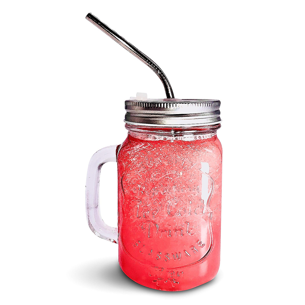 Home Suave Mason Jar Mugs with Handle, Regular Mouth Colorful Lids with 2 Reusable Stainless Steel Straw, Set of 2 (Silver), Kitchen GLASS 16 oz Jars,Refreshing Ice Cold Drink & Dishwasher Safe