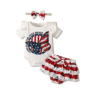 DISAUR Baby 4th Of July Girl Outfits Newborn Baby Girl Clothes Infant Independence Day Ruffle Short Sleeve Top +Stars Stripes Shorts + Cute Headband 3PCS Clothing Set