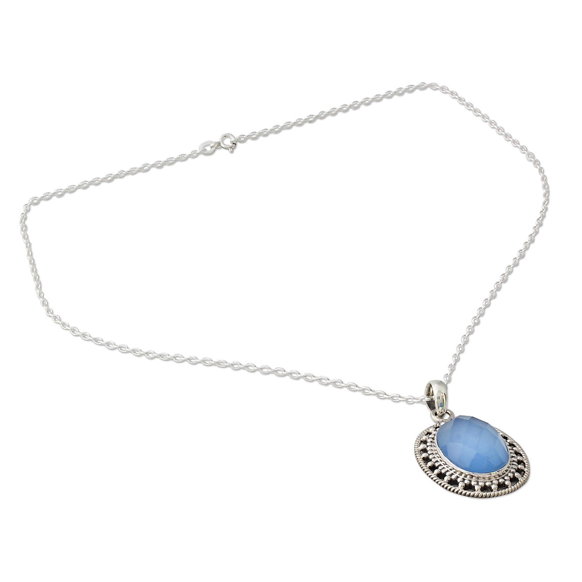 NOVICA Artisan Handmade Chalcedony Pendant Necklace Pale Blue Artisan Crafted Silver Sterling India Serenity Airy [18 in L 2 mm W Pendant(s) 1.6 in L x 0.9 in W x 0.3 in D] ' Azure Ice'