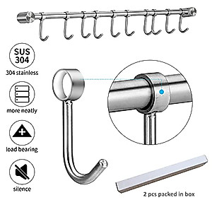 WSTECHCO 2 pcs 22 Inch Hanger Rods Hanging Bars With 10 Hooks, for Kitchen Utensils Pots and Pans, Towel Hanging Rails, Staineless Steel 304, For Hang Up Coat Bag Umbrella Hat Keys Scarf