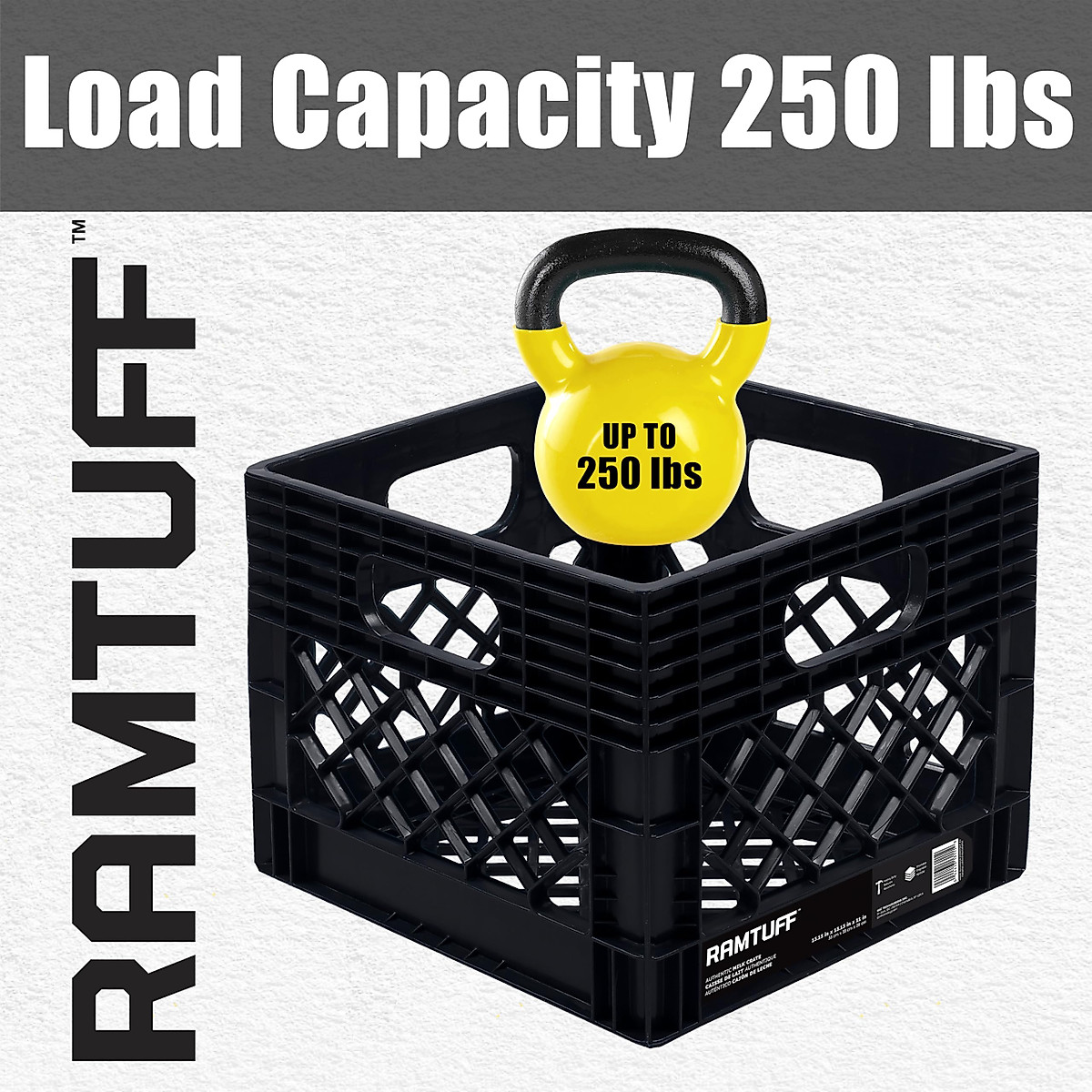 Ramtuff Milk Crate 4-Pack, Built Tough, 250lbs Load Capacity (BV Certified), Extreme Weather Tested -22°F to 122°F, Authentic Milk Crate dimensions 13" L x 13" W x 11" H