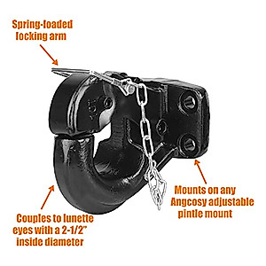 ANGCOSY 10-Ton Pintle Hook Trailer Hitches Receiver Hook for 2-1/2 Inch Lunette Ring with Mounting Kit, 20000 lbs