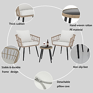 3 Pieces Patio Bistro Set All-Weather Wicker Ratan Conversation Set Outdoor Furniture Chairs w Glass Top Coffee Table and 2 Thick Cushions for Porch Backyard Lawn Poolside (White Cushion)