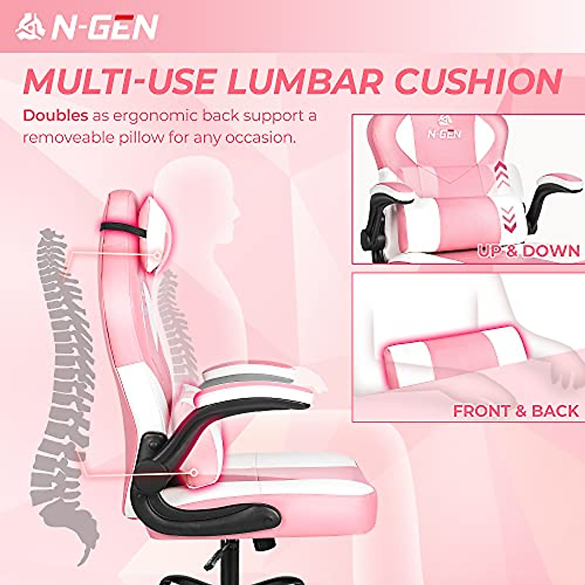 N-GEN Gaming Chair Ergonomic Office Chair PC Desk Chair with Lumbar Support Flip Up Arms Levelled Seat Style Headrest PU Leather Executive High Back Computer Chair for Adults Women Men (4. Peach Pink)