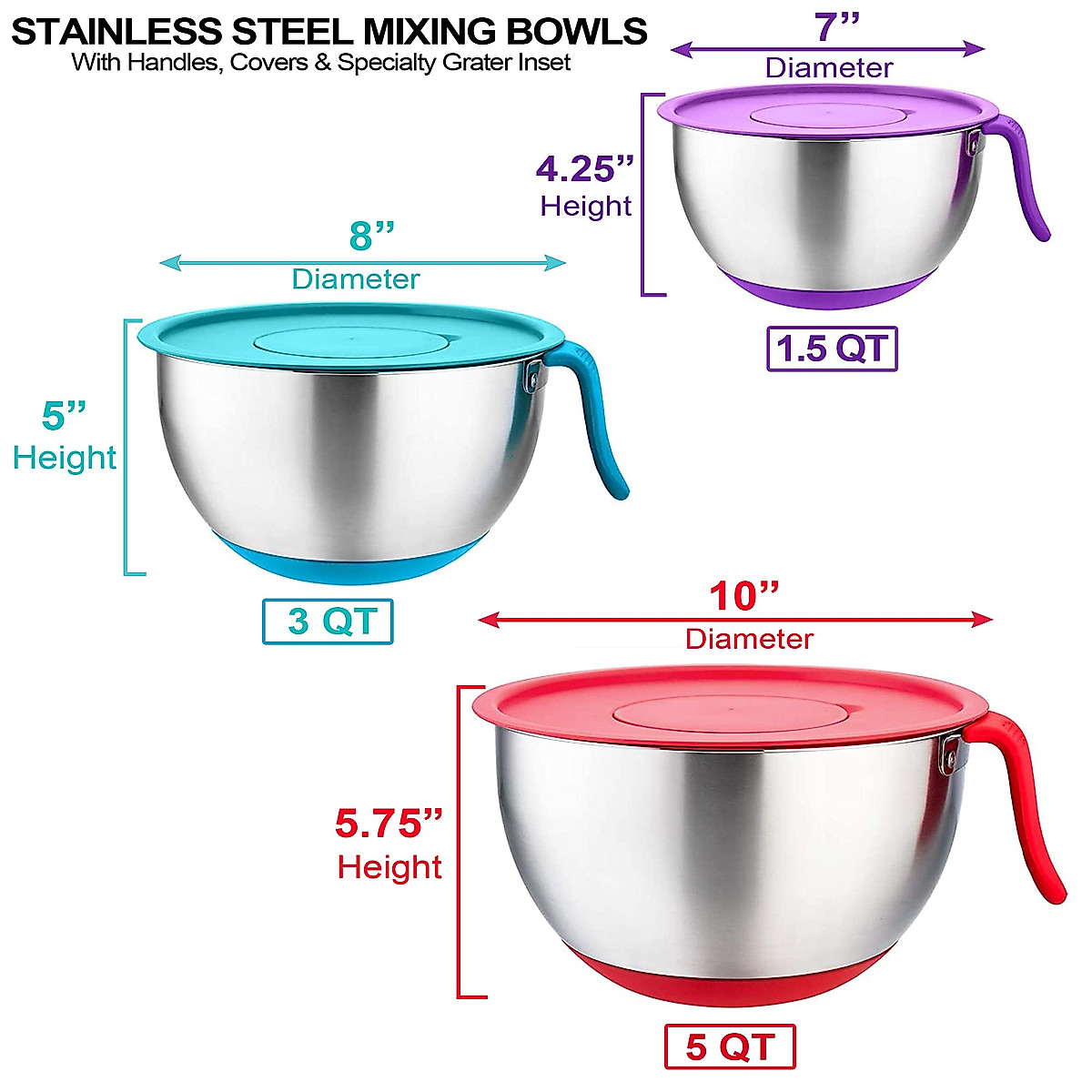 Stainless Steel Mixing Bowls with Lids (Set of 3) - Features Long Handles, Pour Spout, Non Slip Colorful Silicone Bottom, 3 Graters, & Measurement Marks. Ideal for Baking, Serving, Food & Salad Prep.