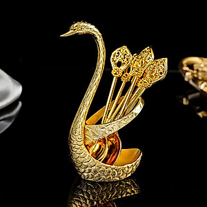 Stainless Steel Spoon Cutlery Kit with Zinc Alloy Swan Shape Retainer Storage Cutlery Rack Home Decor(Gold)