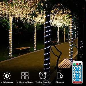 Solar Outdoor Rope Lights, 66ft 200leds Solar Powered Rope Lights Outdoor, 8 Modes Dimmable/Timer Remote String Light 3.7V/1200mAh Rope Solar Lights Outdoor Waterproof for Garden Decor, White