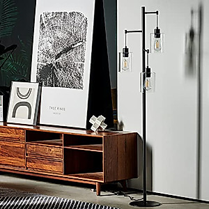 VONLUCE Black Floor Lamp Modern with 3 Lights, Farmhouse Floor Lamp for Living Room in Rustic Style, Rustic Standing Lamp for Bedroom Office w/Glass Lamp Shades