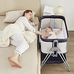 Baby Bassinets,Bedside Sleeper for Baby, Easy Folding Bedside Crib 7 Height Adjustable with All Mesh Baby Bed for Infant Newborn Girl Boy (Dark Grey)