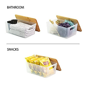 Isaac Jacobs 2-Pack Storage Bin Set w/Cut-Out Handles and Bamboo Lid, Plastic Organizers for Home, Pantry, Kitchen, Closet, Office, Home Décor, BPA Free, Food Safe (Medium, Clear)
