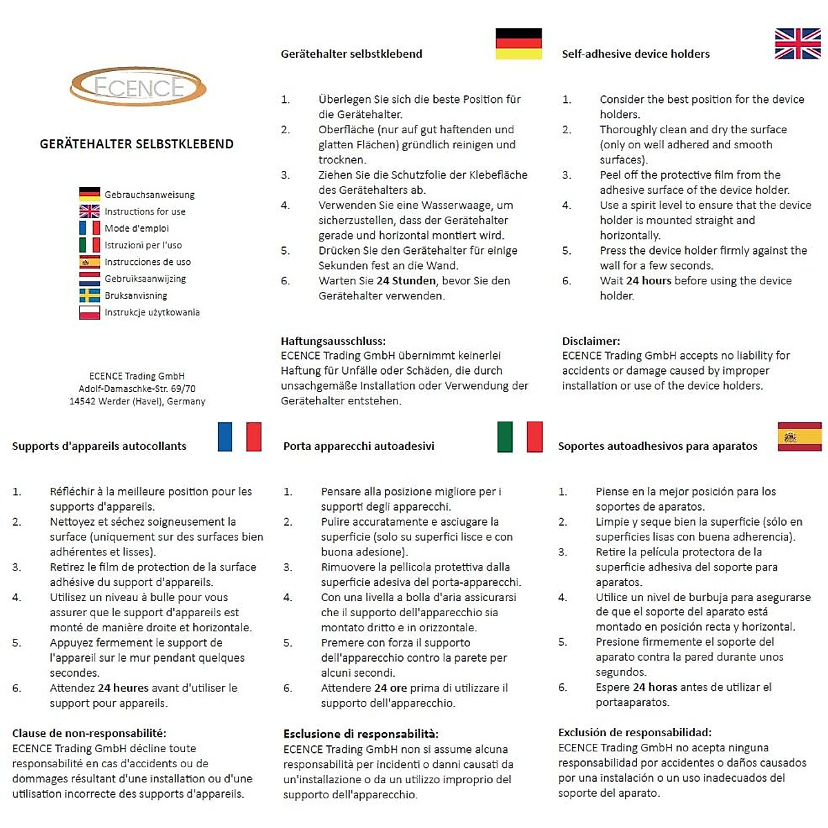 ECENCE 4x Broom Holder Self-Adhesive with Hook, Mop Hanger Wall Mount, Garden Tool Rack, Garage Storage Systems, Laundry Kitchen Tool Organizer Silver