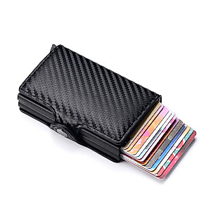 YWHBK Carbon Fiber Leather Card Holder, Men Credit Card Holder, Slim Metal Card Case Front Pocket Anti-theft-RFID Auto Pop up Travel Thin Wallets for Men (Black)