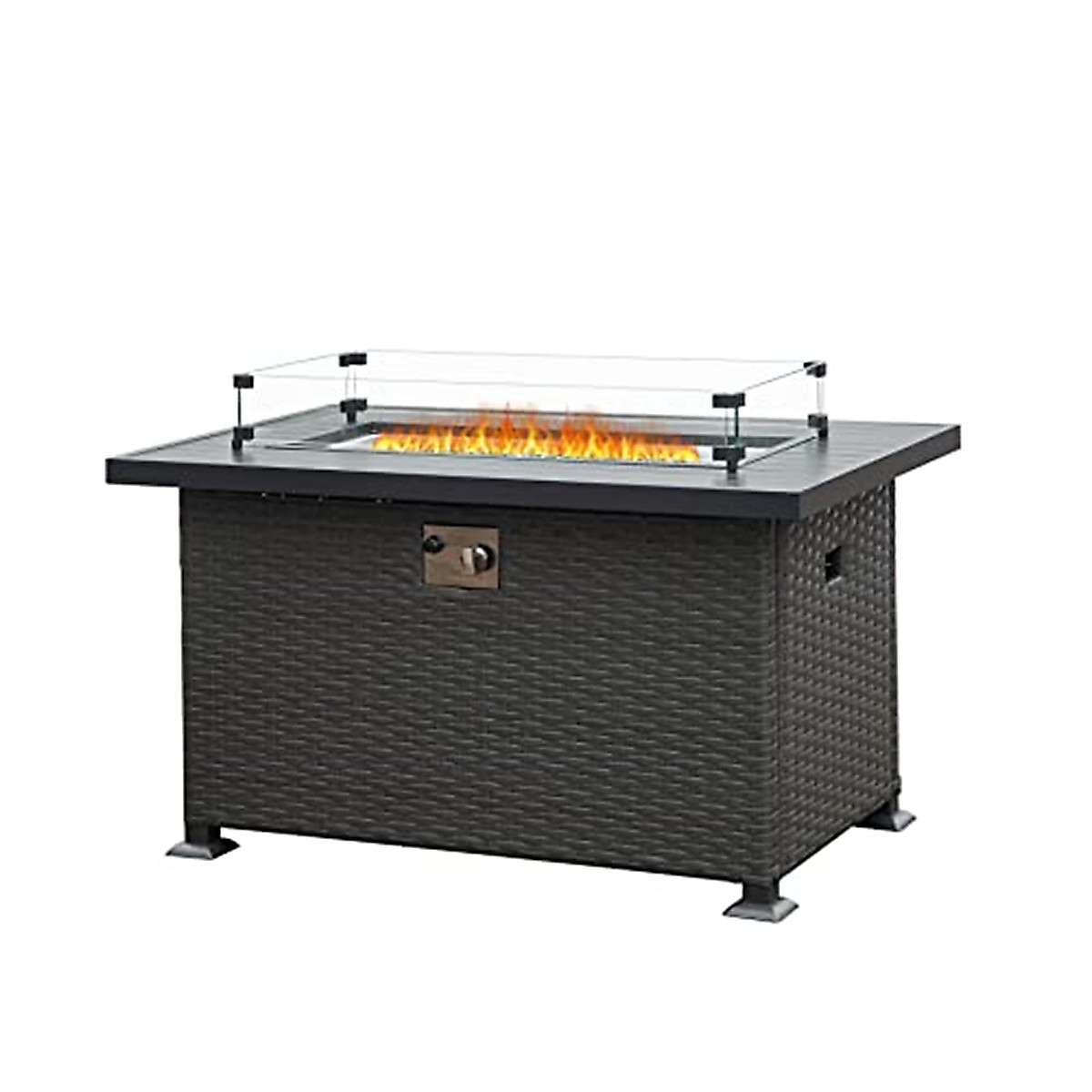 Propane Fire Pit Table, Outdoor Fire Table Rectangle 50000 BTU, 43 Inch Gas Fire Pit for Outside Patio with ETL-Certified, Auto Ignition, Aluminum Tabletop, Glass Wind Guard, Cover, Gray Wicker