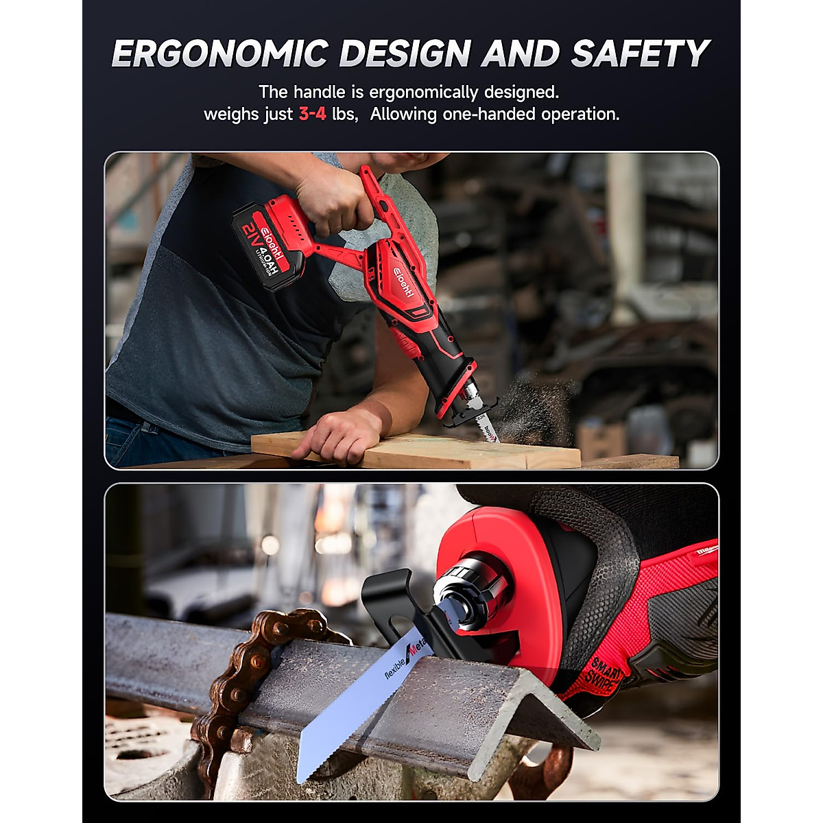 Reciprocating saw, Enhanced 3500 SPM Low Noise Brushless Motor, High-Performance 2*21V 4.0 Ah Batteries Extended Standby, 8 pcs Versatile Alloy Steel Blade Set Easily Cut Through Wood, Metal, ABS etc.