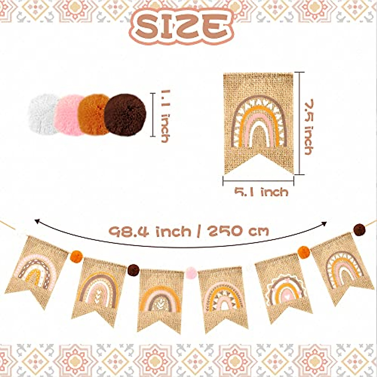 JAPBOR Boho Rainbow Burlap Banner, Bohemian Swallowtail Flag and Felt Ball Banner Decor, Wall Bohemian Hanging Garland for Baby Shower Birthday Summer Festivals Wedding Home Beach Party Decoration