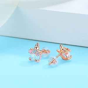Hypoallergenic Unicorn Stud Earrings for Women 925 Sterling Silver Rose Gold Unicorn Opal Earring Studs for Sensitive Ears Unicorn Gifts.
