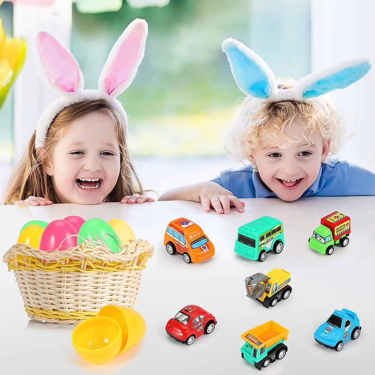 Aitsite 16 Pack Fillable Plastic Easter Egg with Pull-Back Construction Vehicles for Easter Theme Party, Favor Easter Eggs Hunt, Basket Stuffers Fillers, Classroom Prize, Birthdays Gifts