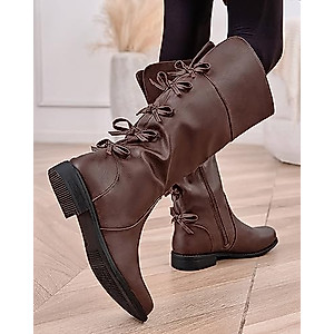 Coutgo Girls Knee High Boot Bowknot Low Chunky Heel Zipper Fashion Winter Riding Boots