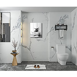 Funny Highland Cow Bathroom Wall Decoration Black and White Canvas Cow in Bathroom Decoration Picture Humorous Animal Bathroom Wall Art Printed Country Farmhouse Style Wall Decoration Prepare Frame Hanging in Bathroom Bedroom Children's Bathroom Decoratio