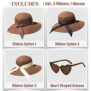 Funcredible Brown Summer Fedora Hat for Women - Wide Brim Straw Beach Hat with Bow and Heart Shape Glasses - UPF 50+ Packable Panama Hat for Women
