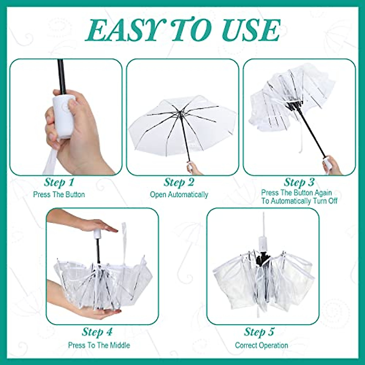 Sanwuta 12 Pack Transparent Folding Umbrella Full Automatic Clear Foldable Umbrella 8 Ribs Tri-Fold Auto Open Close Umbrellas for Rain Travel Wedding(White)