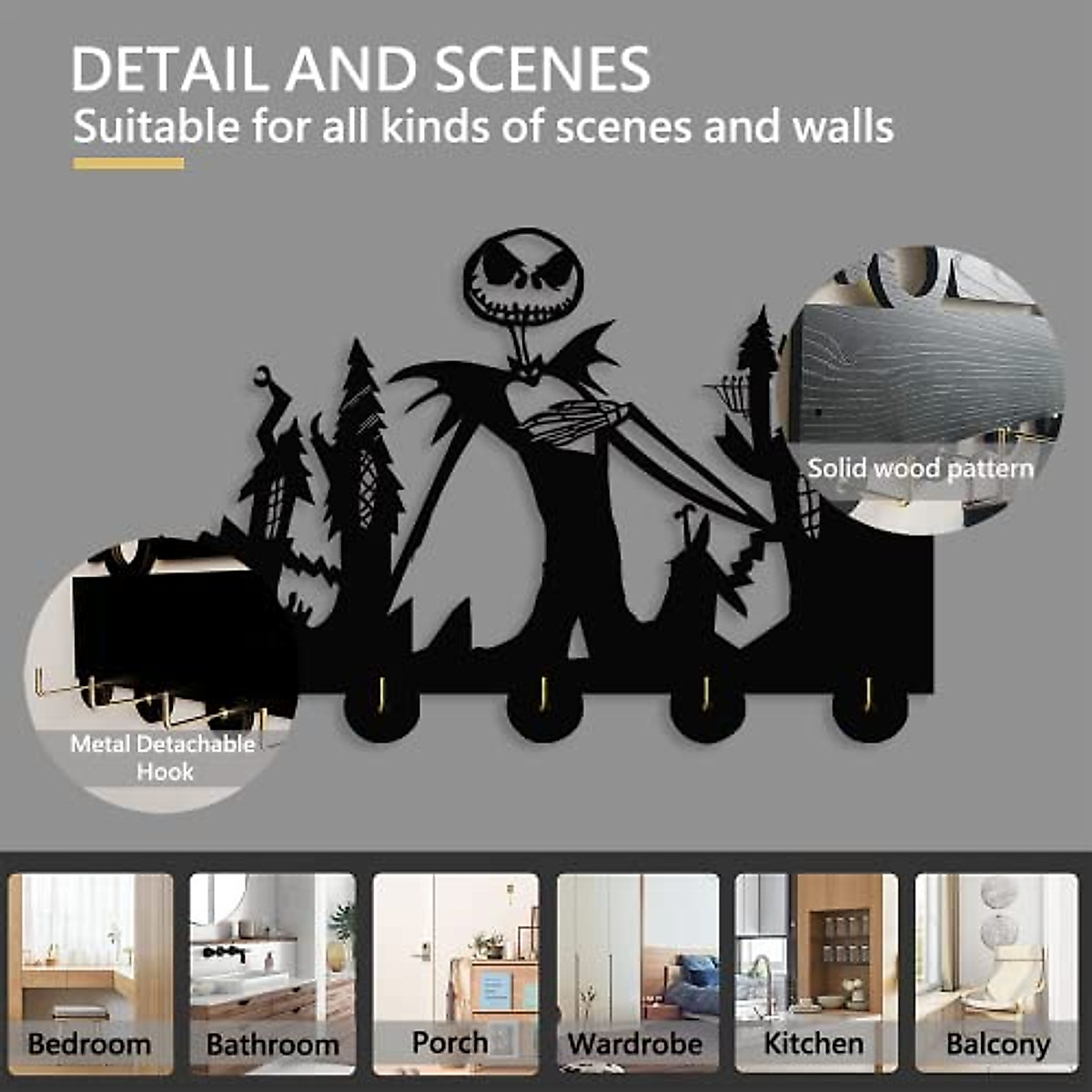 The Nightmare Before Christmas Key Hooks-Wall Hooks Heavy Duty 20LB(Max),Wall Décor,Wood Coat Hooks, Key Holder,Key Hanger for Wall、Entryway and Kitchen