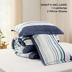 Bedsure Comforter Set Queen Size - Striped Bedding Comforter Set for Boys, 3 Pieces, 1 Soft Reversible Blue Comforter and 2 Pillow Shams