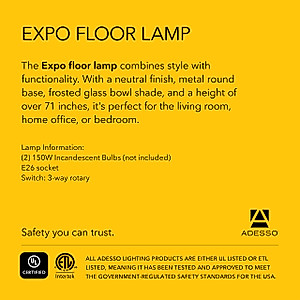 Adesso 5023-22 Expo 300W Torchiere, 71.5 in, 2 x 150W Incandescent/LED, Brushed Steel/Chrome Finish, 1 Floor Lamp