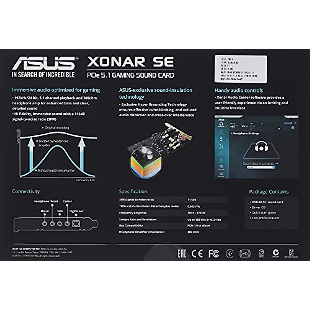 ASUS XONAR SE 5.1 Channel 192kHz/24-bit Hi-Res 116dB SNR PCIe Gaming Sound Card with Windows 10 compatibility