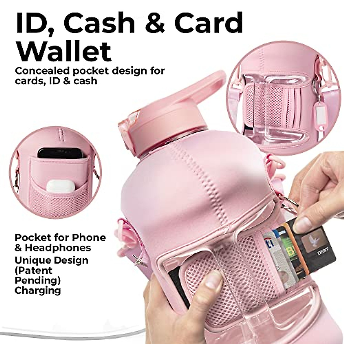 Half Gallon 2.2L Water Bottle With Straw 74oz Large Gym Water Bottle With Storage Sleeve, Bottle Brush, BuiltIn Wallet, Pockets for Phone & AirPod, BPA Free Big Sports Water Jug w/Carry Handle, Pink