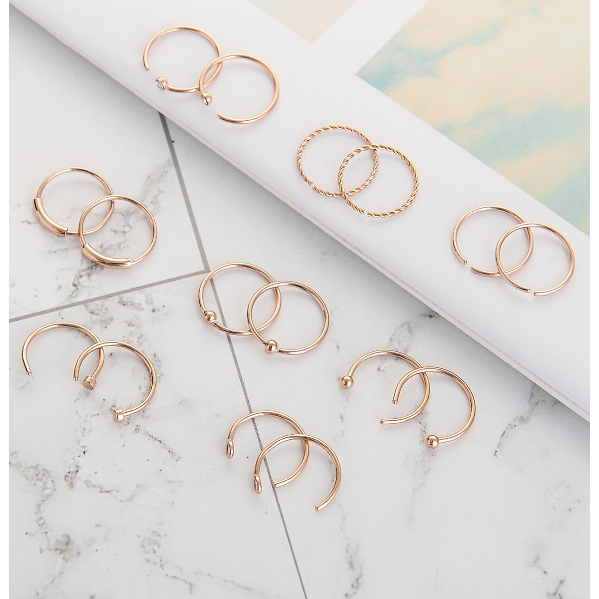 Masedy 16Pcs 20G 316L Stainless Steel Nose Rings Hoop Tragus Cartilage Helix Ring Lip Septum Piercing Rose Gold 8MM