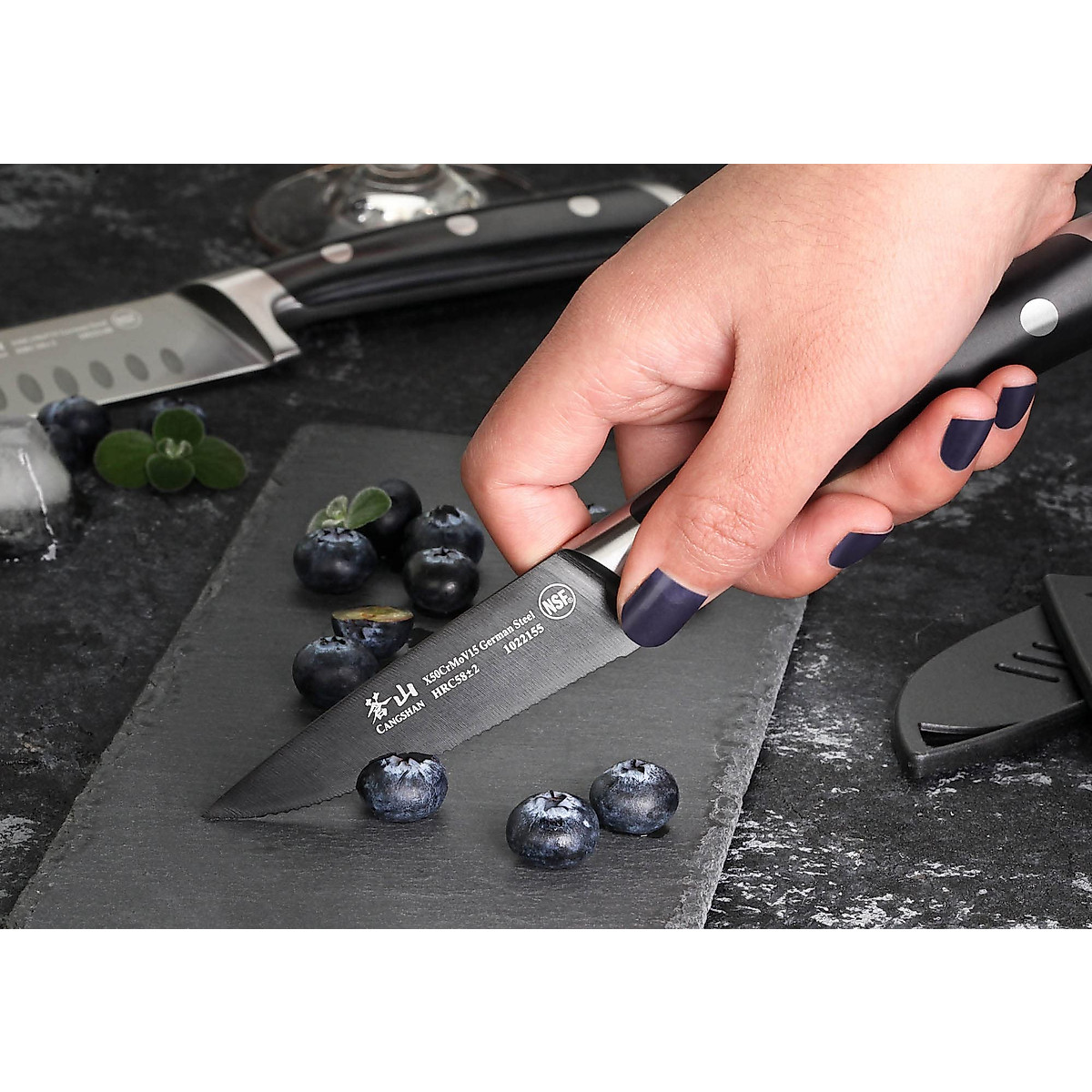 Cangshan S+ Series 1022094 German Steel Forged 2-Piece Titanium Coated Santoku Starter Knife Set with Sheaths, Noir Black