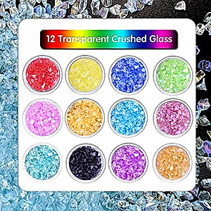 12 Box Transparent Crushed Glass Craft Glitter for Resin Art,Small Broken Glass Pieces Irregular Metallic Crystal Chips Chunky Flakes Sequins for Nail Arts DIY Vase Filler Epoxy Jewelry Making