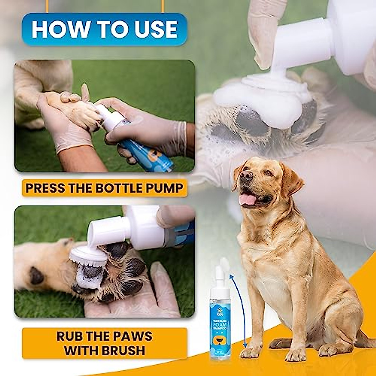 Be Happy Paw Dog Paw Cleaner 6.8fl oz No-Rinse Waterless Shampoo Foam Paw Cleanser with Silicone Brush and Microfiber Towel, Natural Pet Paw Cleaner for Dogs and Cats