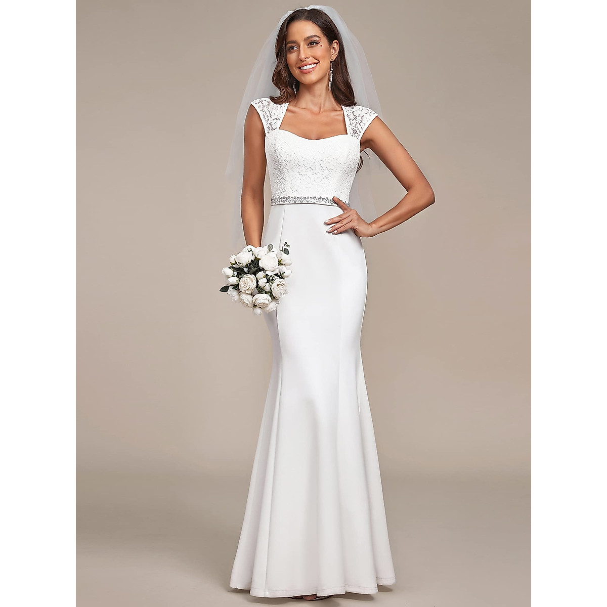 Ever-Pretty Women's Mermaid Spaghetti Straps V-Neck Long Formal Dresses for Evening Party White US10