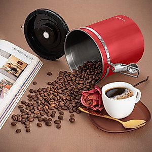 Mixpresso 16 Oz Coffee Canister Red, Stainless Steel Airtight Coffee Container, Ground Coffee Bean Storage with Date Tracker, Vacuum Sealed Espresso Airtight Container, Coffee Jar, Sugar Container