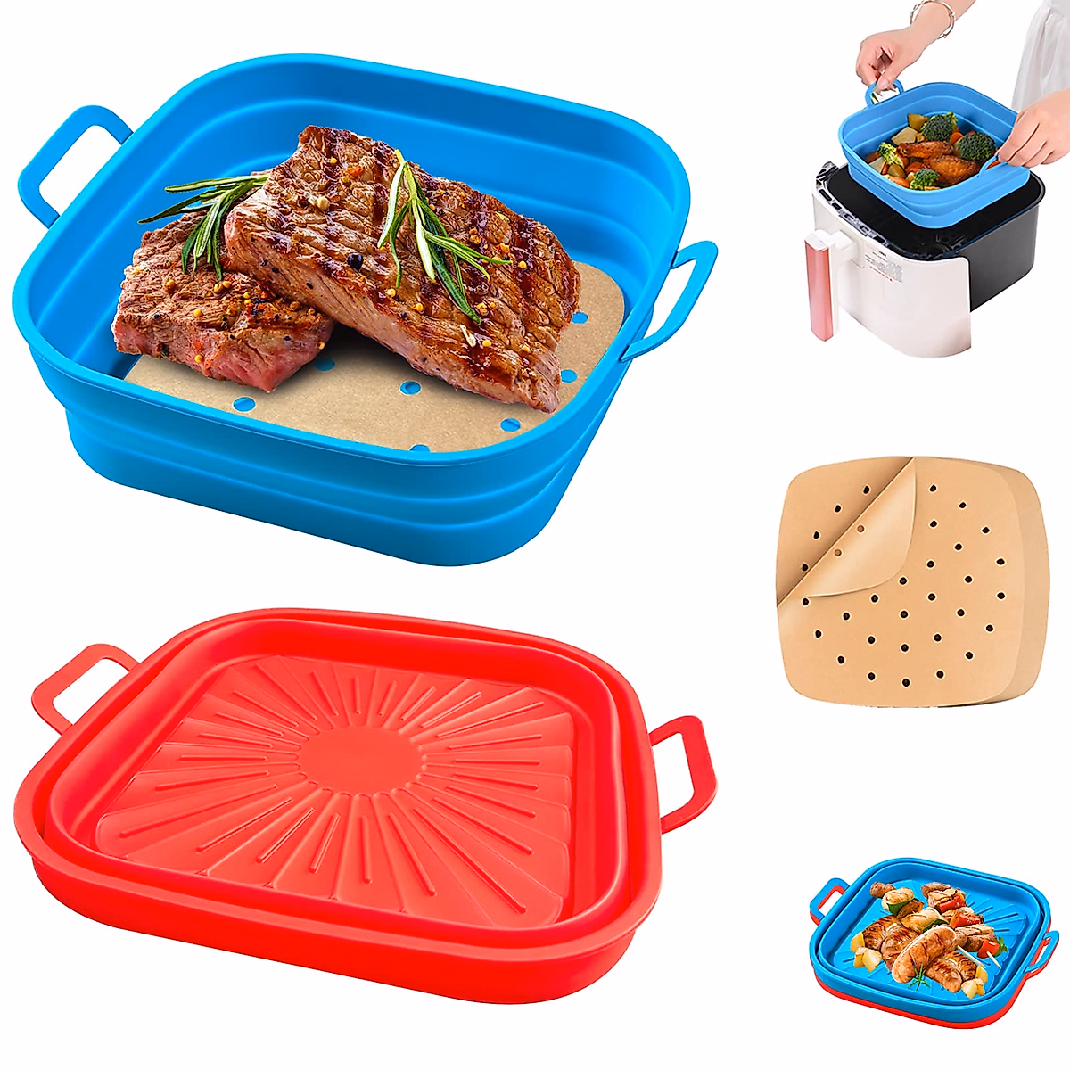 Silicone Air Fryer Liners, DERGUAM Flodable Air Fryer Liners with 100PCS Air Fryer Liners Parchment Paper Liners, Reusable Air Fryer Silicone Liners Square, 8in Fits for 4-8Qt Air Fryer/Oven, 2Pcs