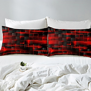 Feelyou Red Black Duvet Cover Queen Size Boys Girls Geometric Strip Lines Bedding Set for Kids Geometry Comforter Cover Set Abstract Modern Bedspread Cover Room Decor Bedclothes Zipper