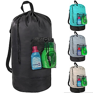 Laundry Bag Backpack with Shoulder Straps and Mesh Pocket Clothes Hamper Bag with Drawstring Closure for College, Travel, Laundromat, Apartment (Charcoal Grey)