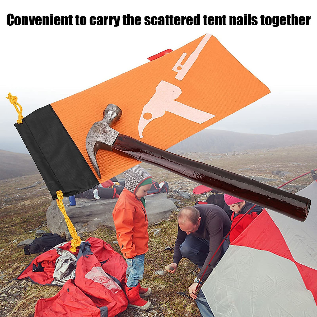Alomejor Tent Peg Bag Camping Portable Tent Stakes Bag Hammer Nail Pouch for Hiking Camping Tent Hammers and Other Accessoris (Orange)