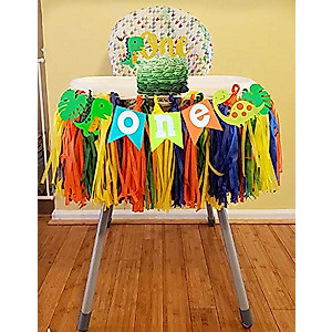 LaVenty Set of 2 Dinosaur First Birthday Banner Dinosaur One Cake Topper Dinosaur 1st Birthday High Chair Banner Dinosaur Birthday Party Decoration