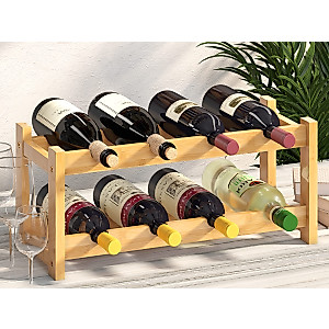 BAMEOS Wine Rack Free Standing 8 Bottle 2 Tier Bamboo Wine Racks Countertop Cabinet Wine Holder Wine Storage Shelf for Kitchen, Bar, Pantry, Wine Cellar, Basement, Countertop (16.85 L x 9.25W x 7H)