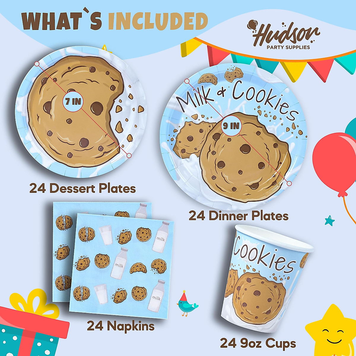 Milk & Cookies Party Supplies - Serves 24. Dinner, Dessert Plates, Cups, Napkins. Chocolate Chip Cookie Birthday Decorations for Kids, Boys, Girls & More