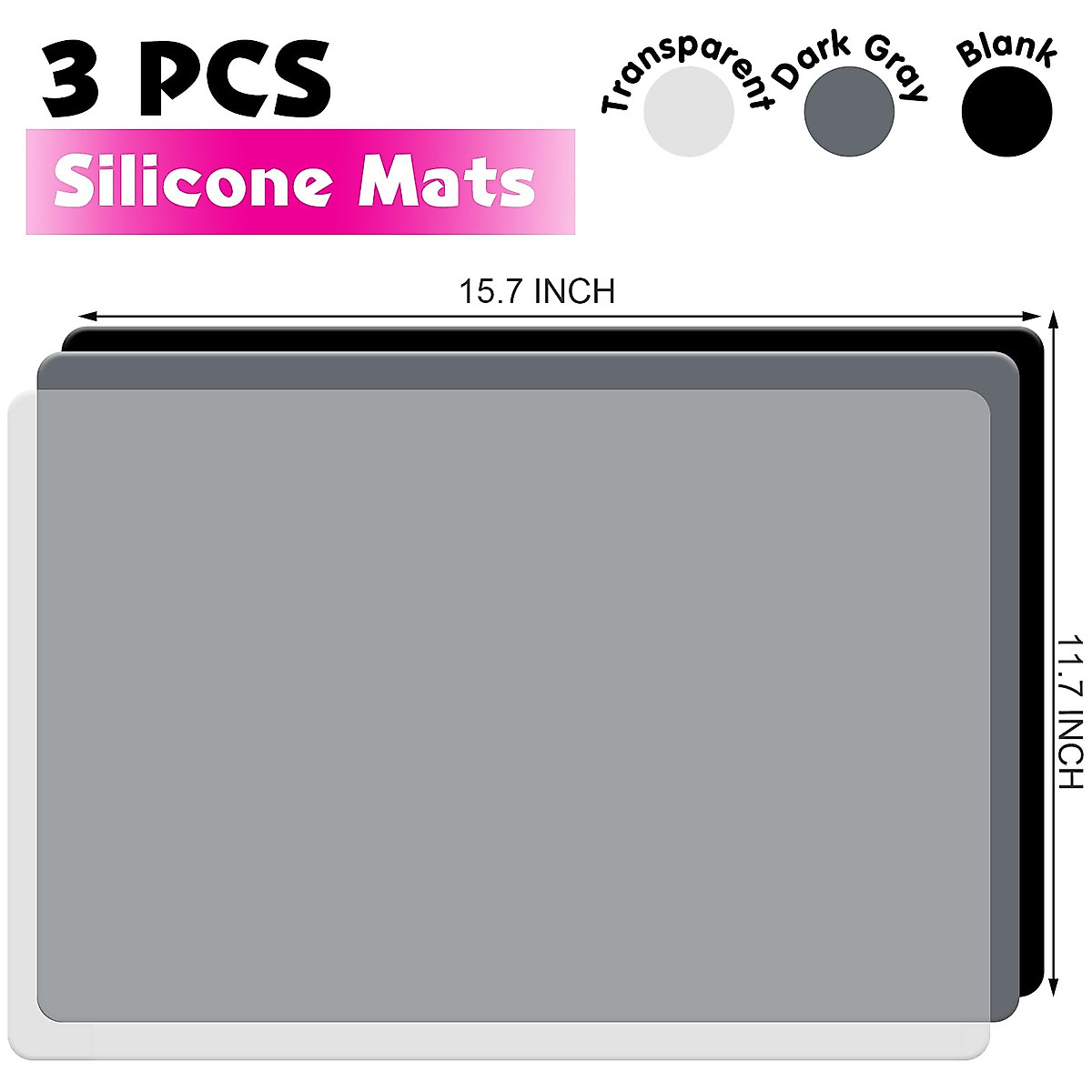 3 Pack Silicone Mats for Crafts, LEOBRO 15.7” x 11.7” Silicone Sheets for Resin Jewelry Casting Molds, Placemat, Nonstick Multipurpose Silicone Craft Mats for Resin Molds, Black, Dark Gray,Transparent