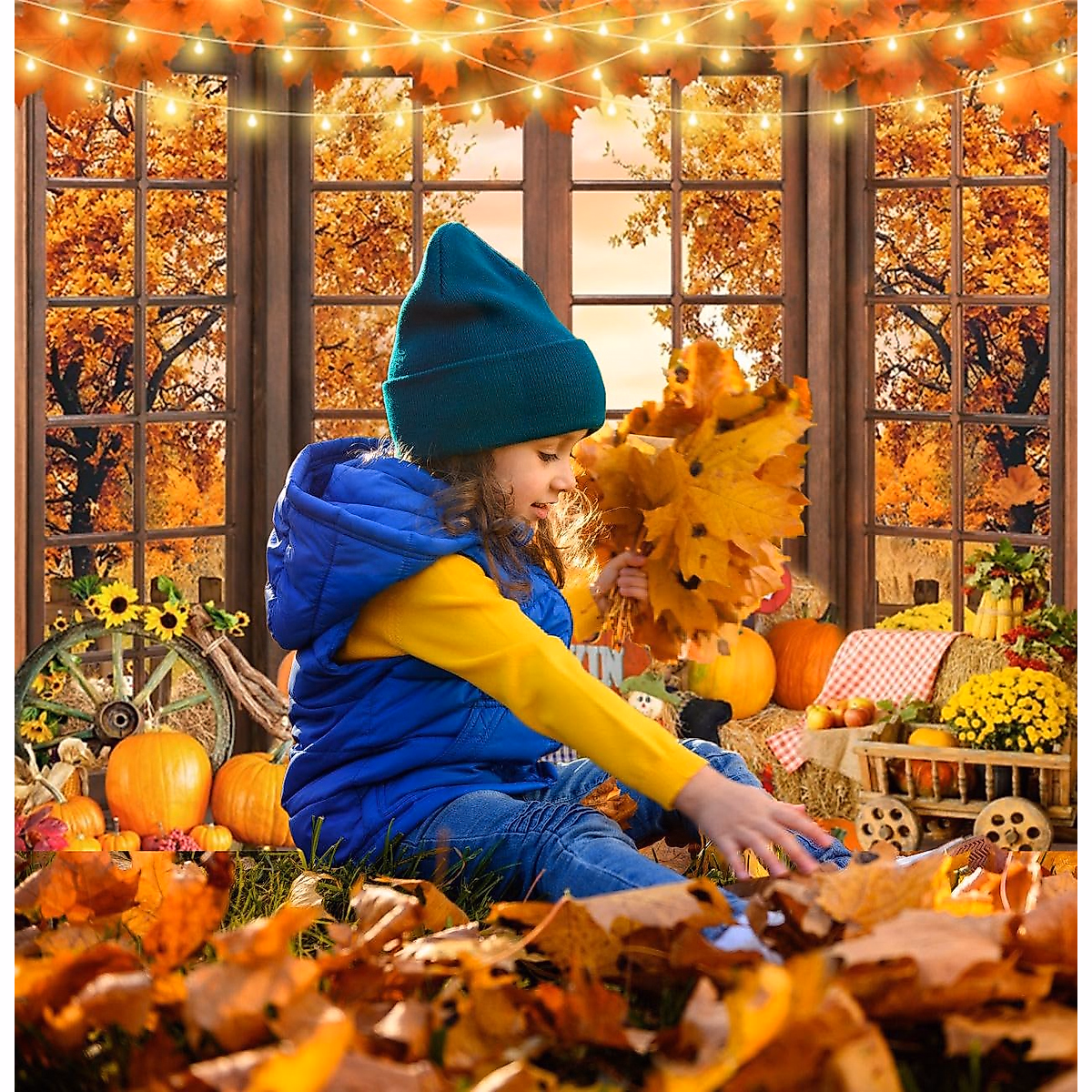 Fall Thanksgiving Backdrops for Photography Pumpkin Fall Window Photo Backdrop Scarecrow Maple Leaves Background Autumn Harvest Party Decorations Background Baby Shower Party Banner Photo Props 10x8ft