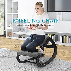 Ergonomic Rocking Kneeling Chair, Upright Posture Stool for Home Office Meditation, Gray Linen Cushion