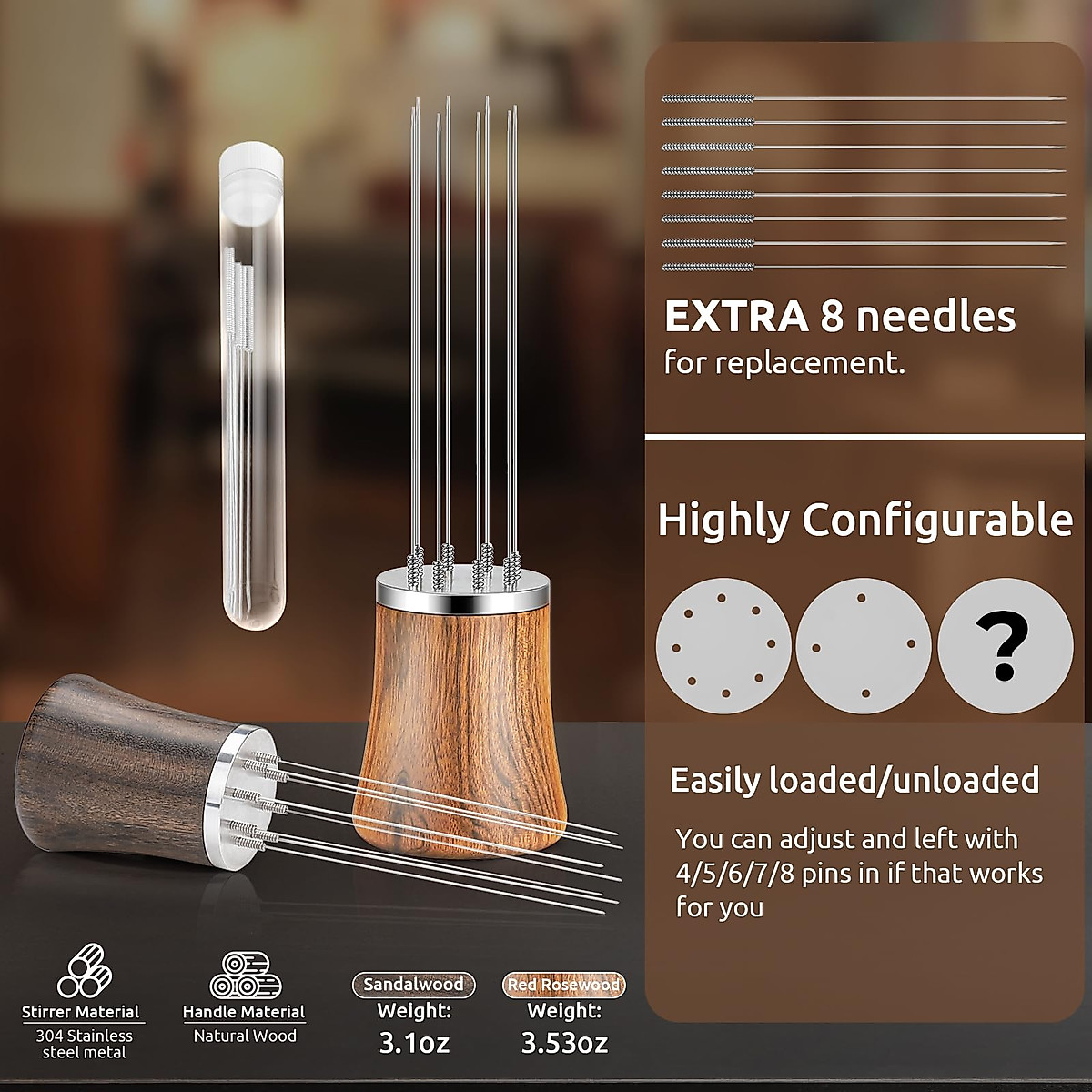 WDT Espresso Stirrer Tool Espresso Distribution Tools,0.4mm 8Pin Replaceable Stainless Steel Needle Distributor and Extra 8 Needles for Espresso Coffee Stirrer,Natural Wood Handle and Stand