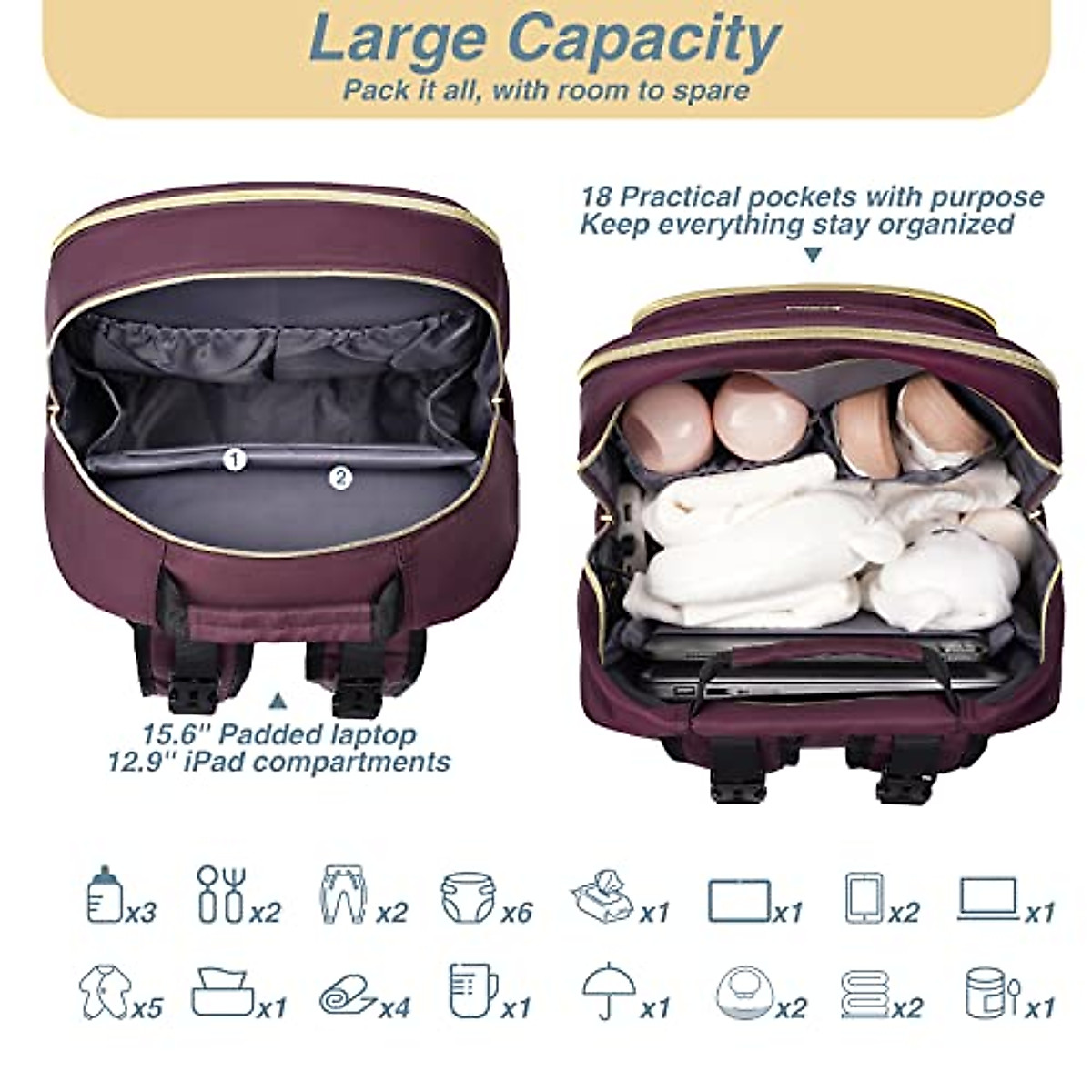 MOMUVO Diaper Bag Backpack, Quilted Baby Bag with Changing Pad & Stroller Straps & Pacifier Case, Large Travel Diaper Bags for Mom Dad, Dark Purple